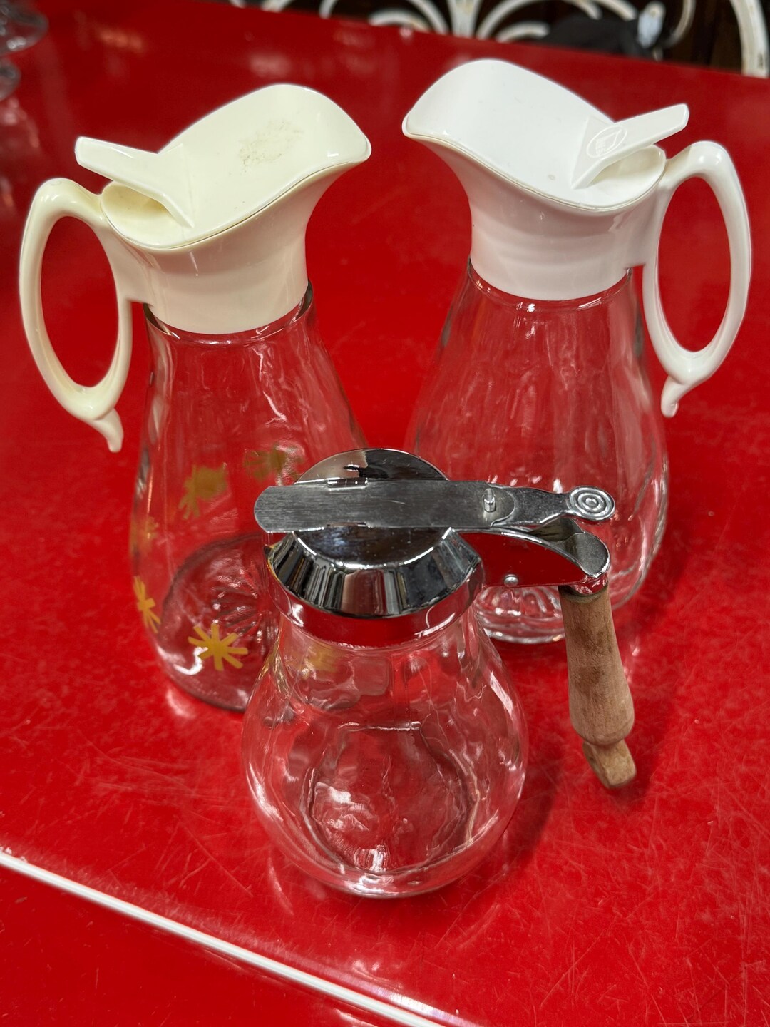 Vintage Syrup or Honey Dispensers Log Cabin Atomic Daisy Wooden Handle ...
