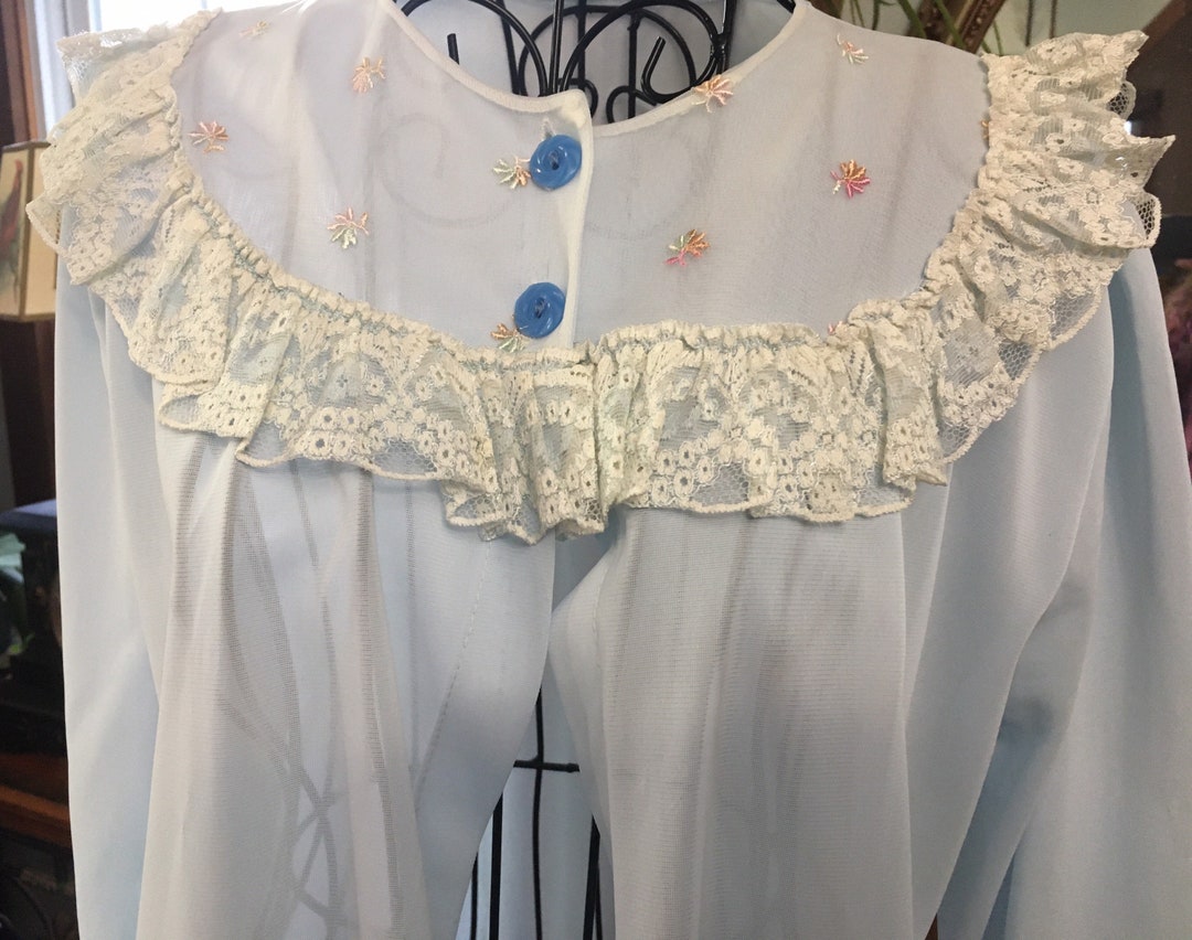 Vintage Blue Nylon 50/60s Bed Jacket Robe Sleep Top Peignoir Negligee ...