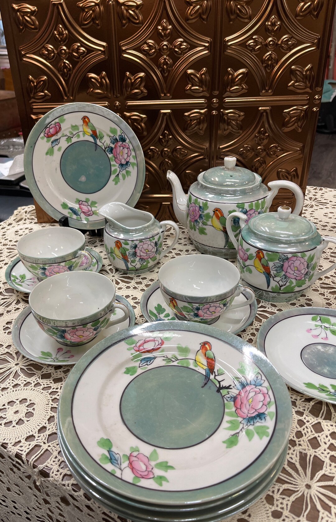Vintage Lusterware Japanese Tea Set Tashiro Period Parrots and Cherry ...