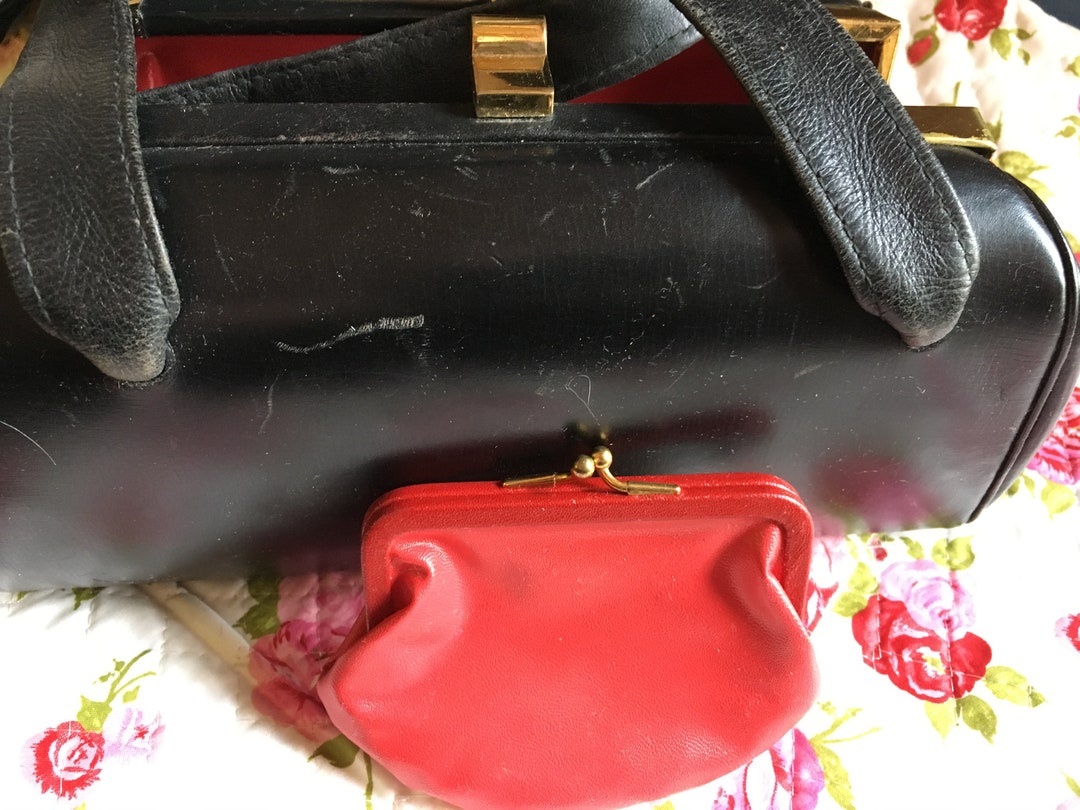Vintage 1950 Black Leather Pocketbook Box Purse Red Interior With Red ...