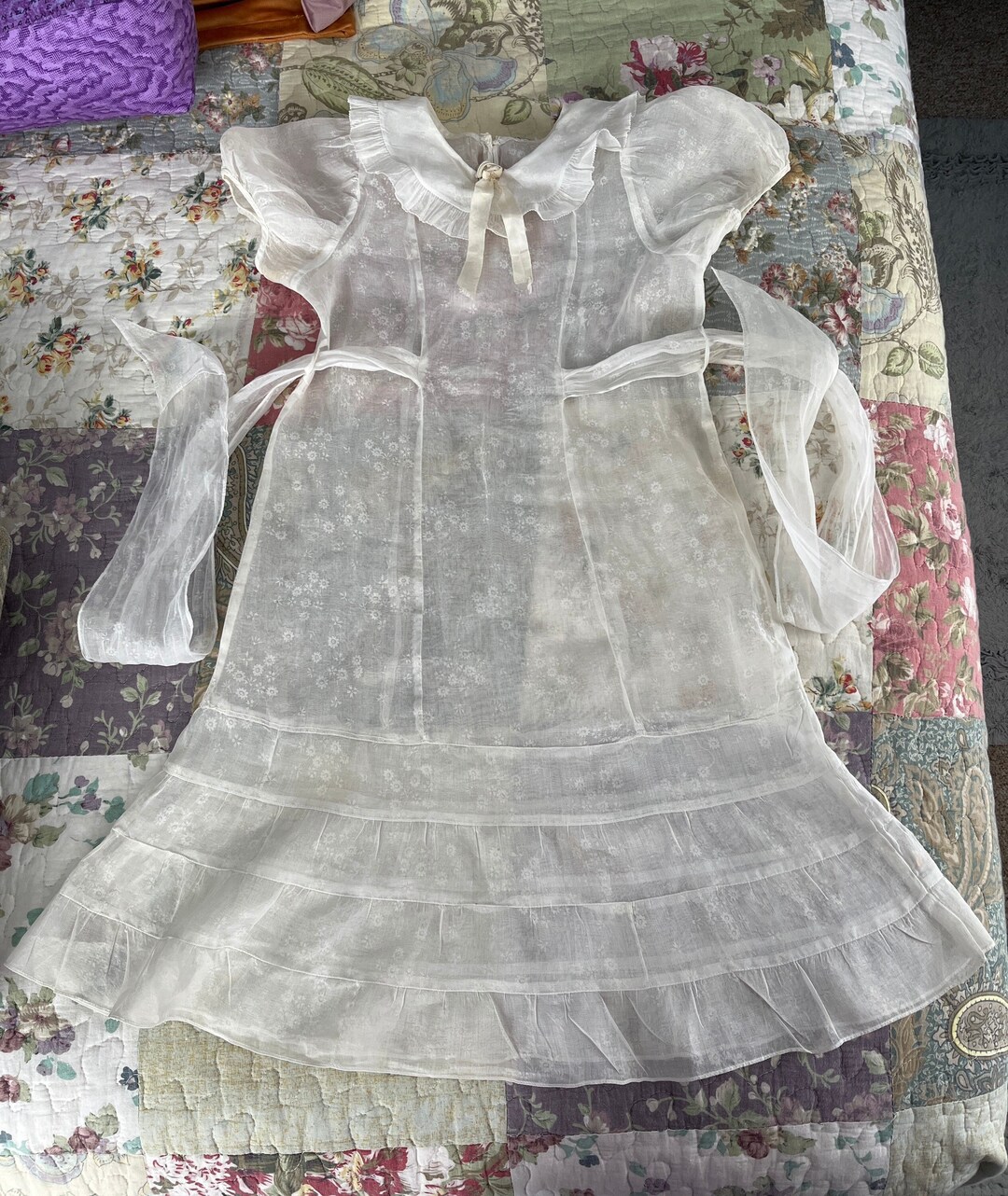 Vintage 1935 White Organza Toddler Girls/doll A Line Floral Dress Puff ...