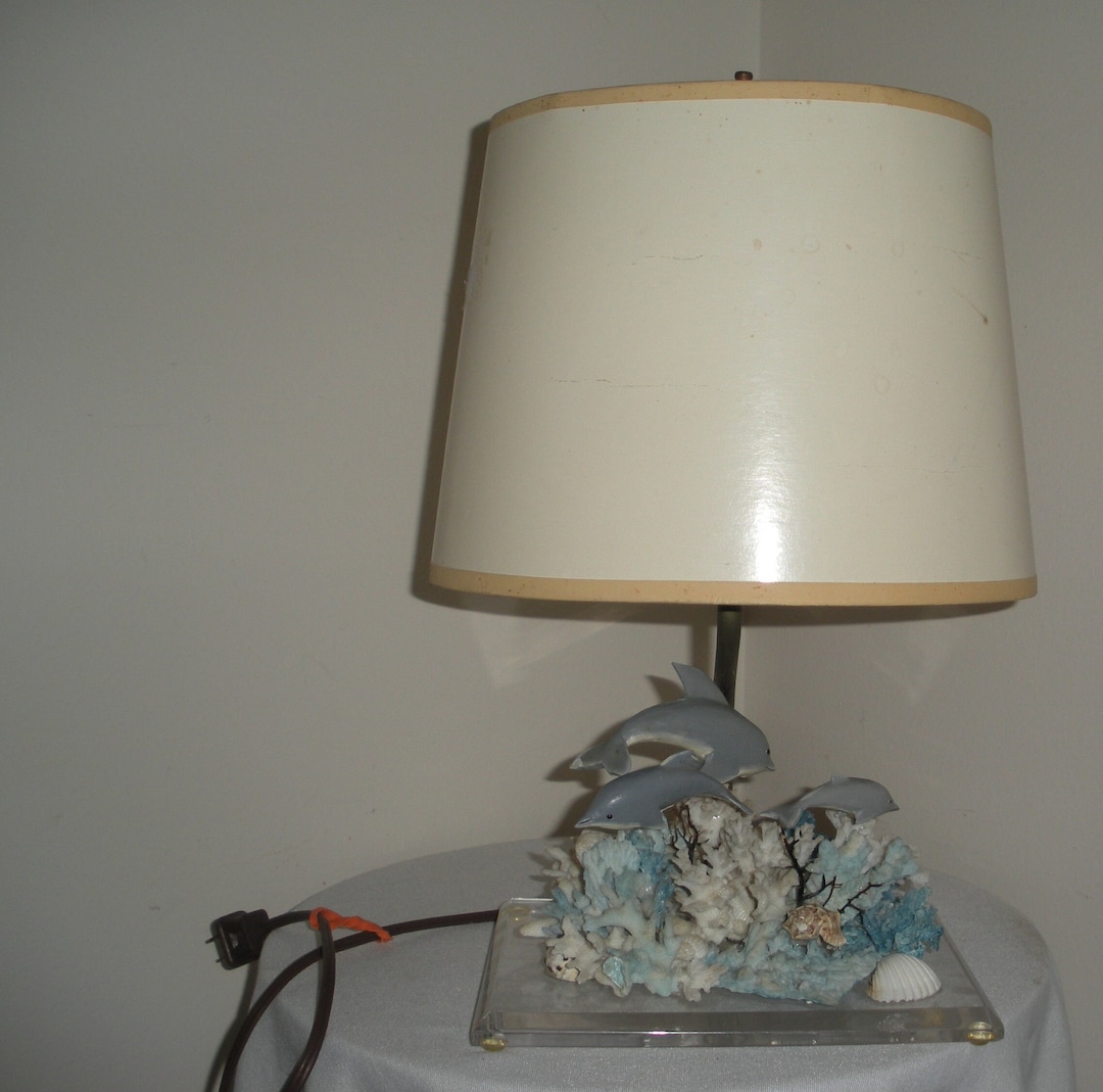 Vintage Acrylic Base Lamp Dolphin With Under Water Scene Small Table ...