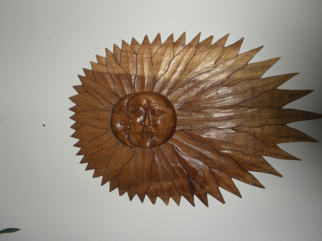 Vintage Wood Sun Moon Love Eclipse Wooden Sculpture Carved Wall Plaque ...