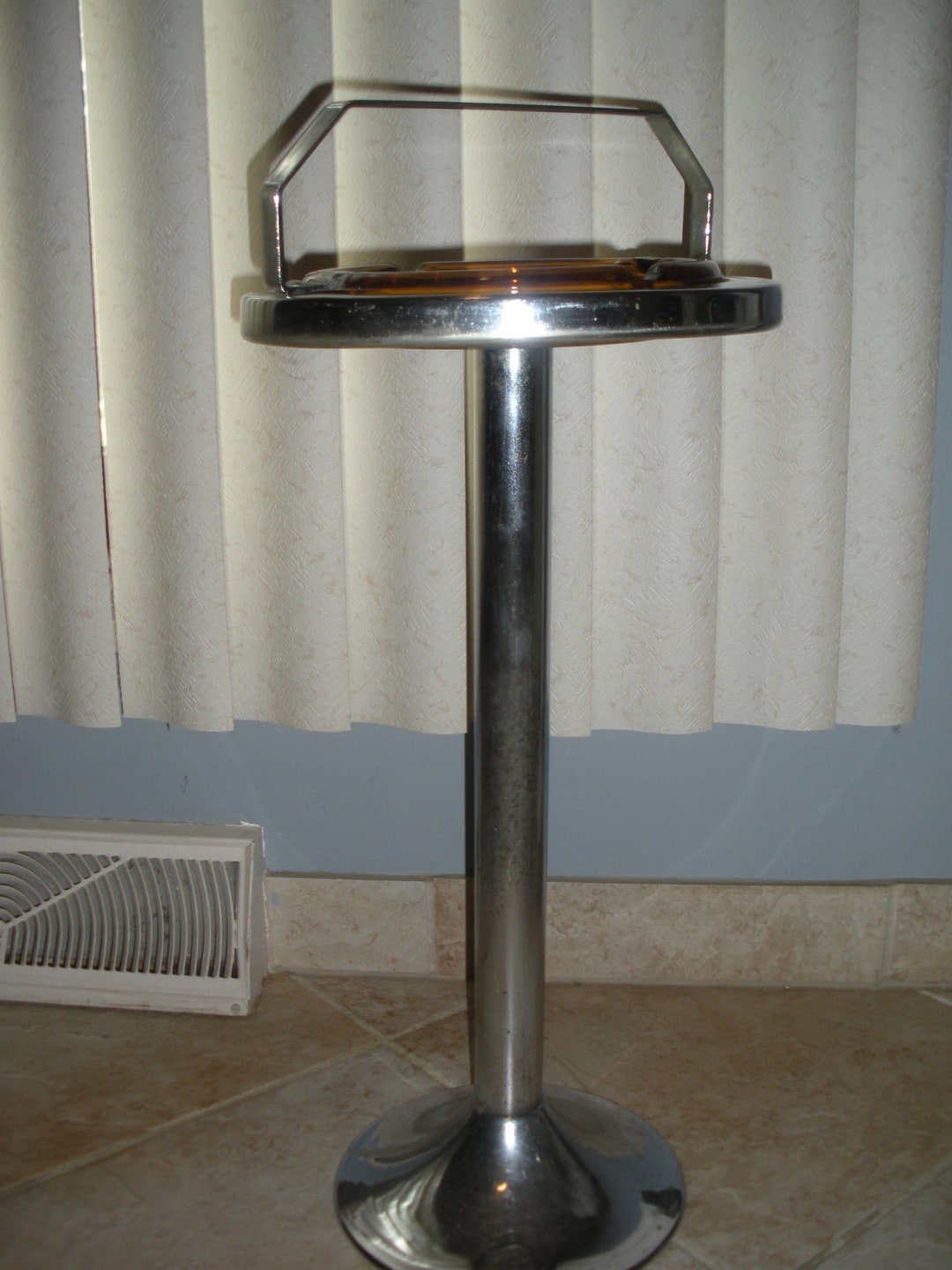 Vintage Tall Metal and Amber Glass Ashtray Tall Smoking Stand Standing ...