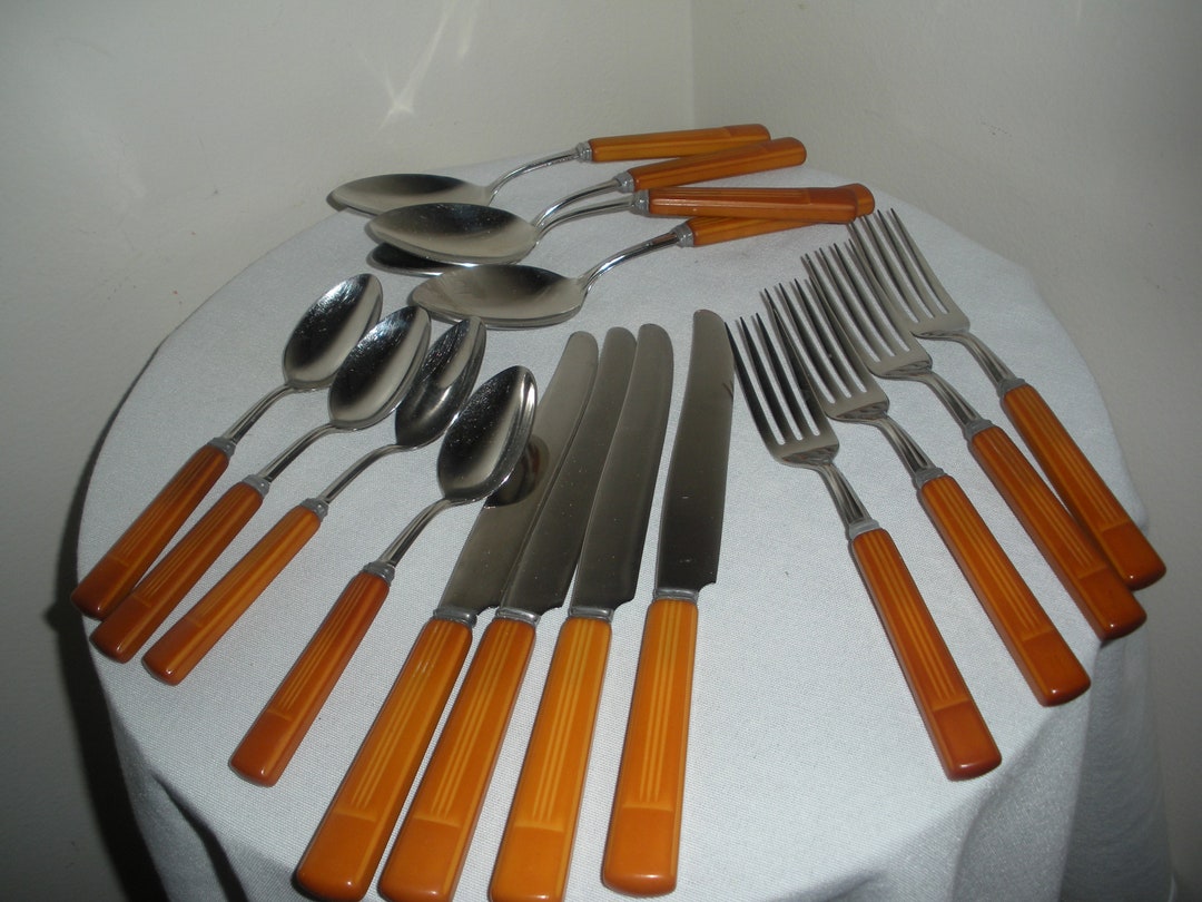 Vintage Bakelite Flatware Butterscotch Handle Hull 18 8 Stainless ...