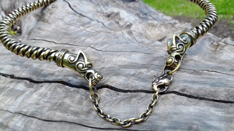 Viking Torc Necklace With Chain, Wolf, Odin, Mythology, Viking Jewelry ...