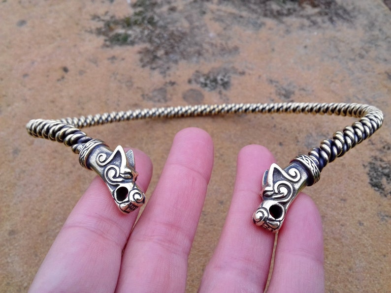 Viking Torc Necklace, Bronze, Wolf Head, Torque Odin's Wolves, Norse ...