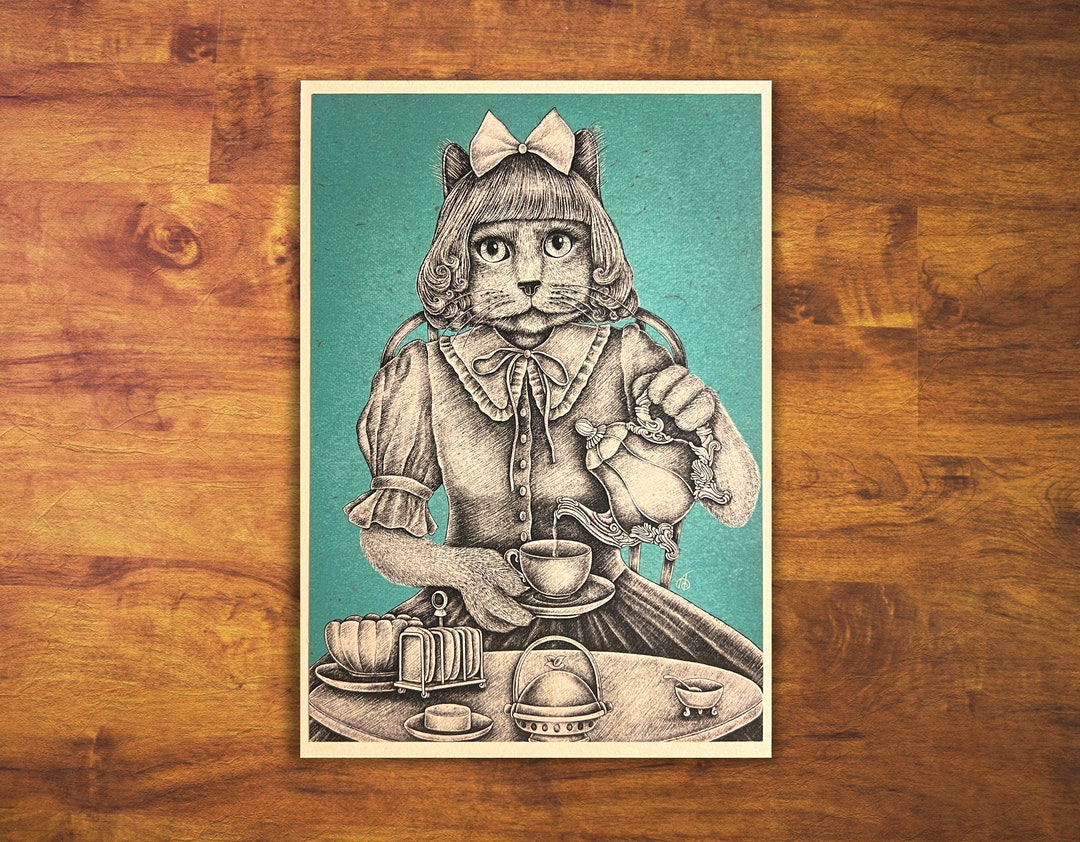Signed A5 Print "cottagecore Kitty" - Gift, Print, Art, Drawing, Cottagecore, Tea, Cute Cat ...