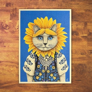 Ukrainian Cat Art Print A5 With Signature ukrainian Sunflower Kitty ...