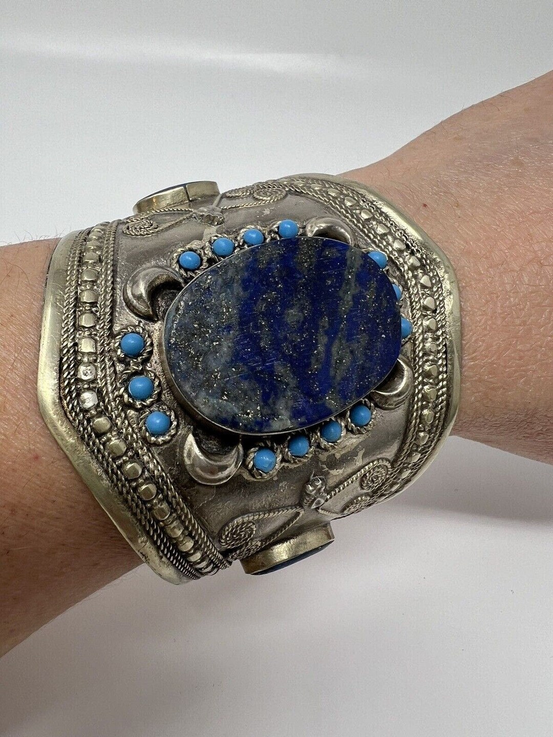 Vtg TIBETAN Nepal Silver-alloy W/ Blue Lapis Natural Stone Cuff ...