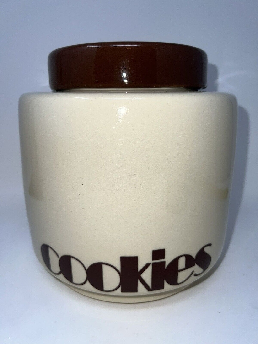 Vintage Mccoy Pottery Old Font Words cookies Cookie Jar Brown Top, off ...