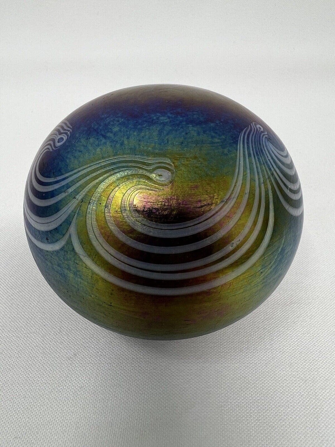 Vtg JOE PIASECKI ART Glass Paperweight Pulled Feather Iridecent Blue ...