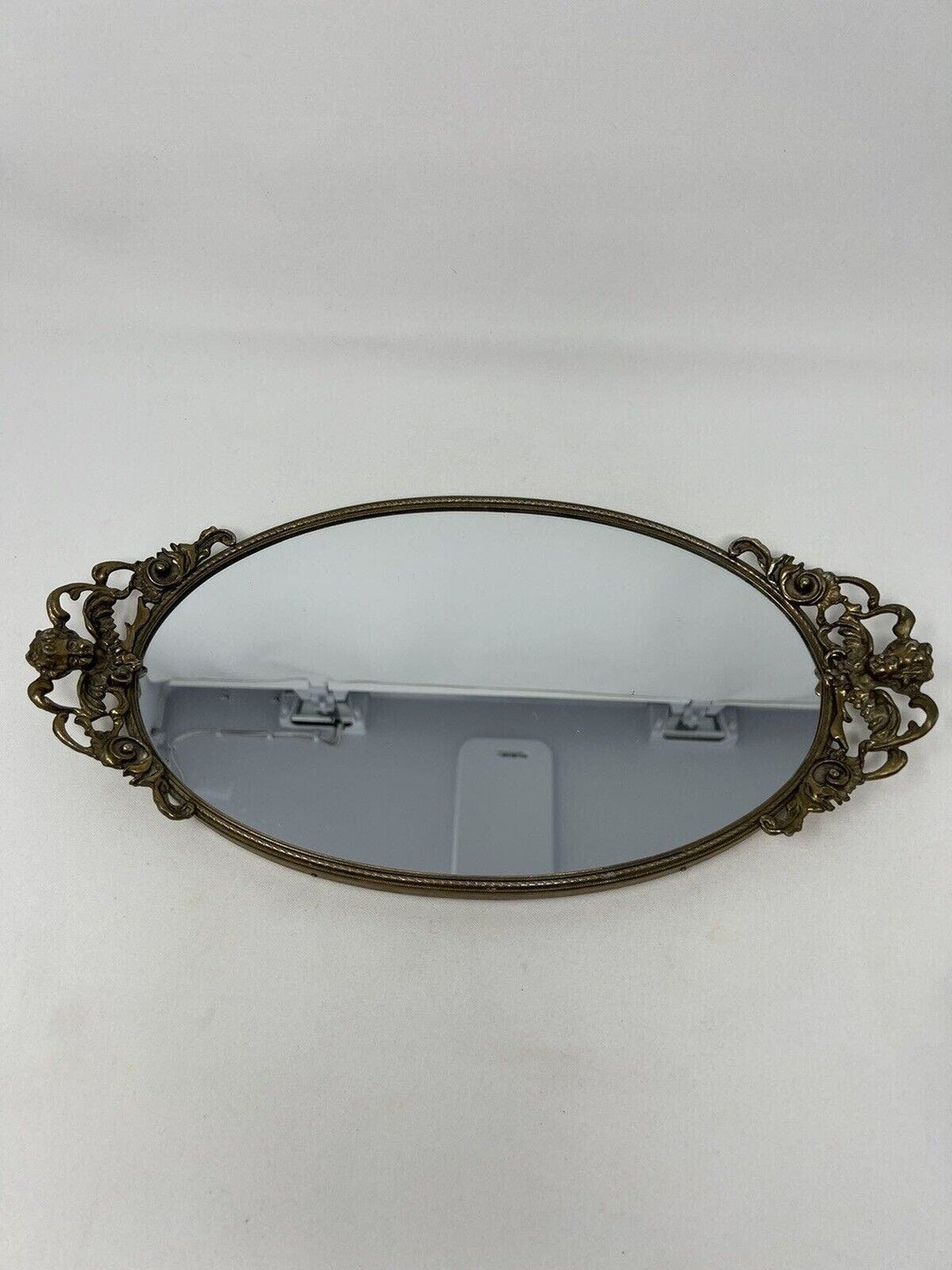 Vintage MCM Oval Vanity Tray Mirror Brass Angel Cherub Babies Detail 14 ...