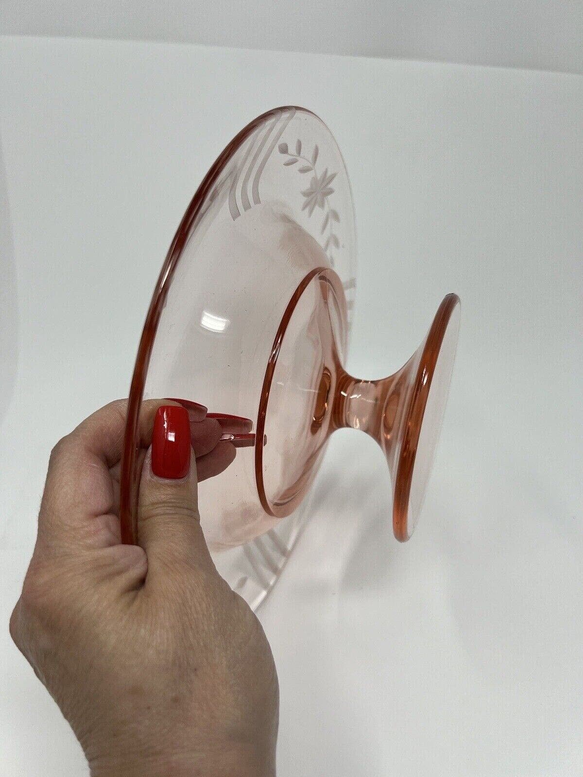 1930s Pink Depression Glass Rolled Edge 9 1/4 D Pedestal Console Etched ...