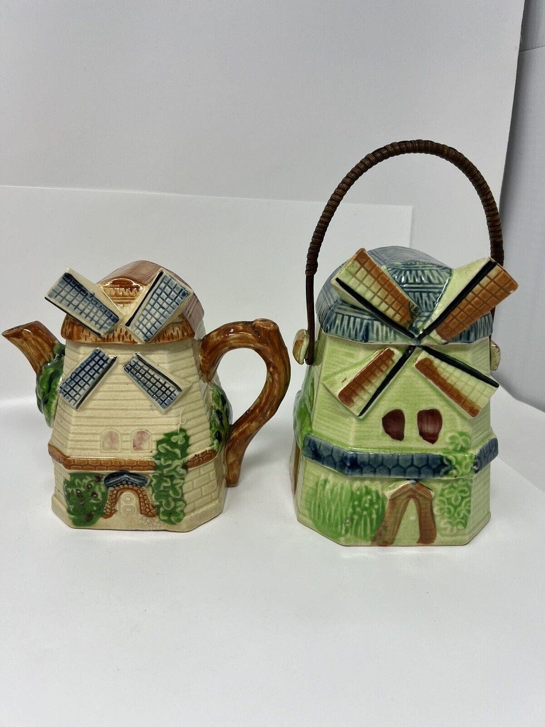 Vintage Cookie Biscuit Jar Windmill Cottage & Teapot Set W/ Lids Made ...