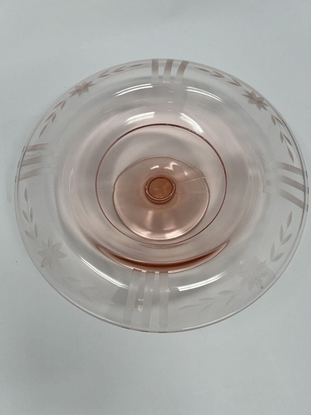 1930s Pink Depression Glass Rolled Edge 9 1/4 D Pedestal Console Etched ...