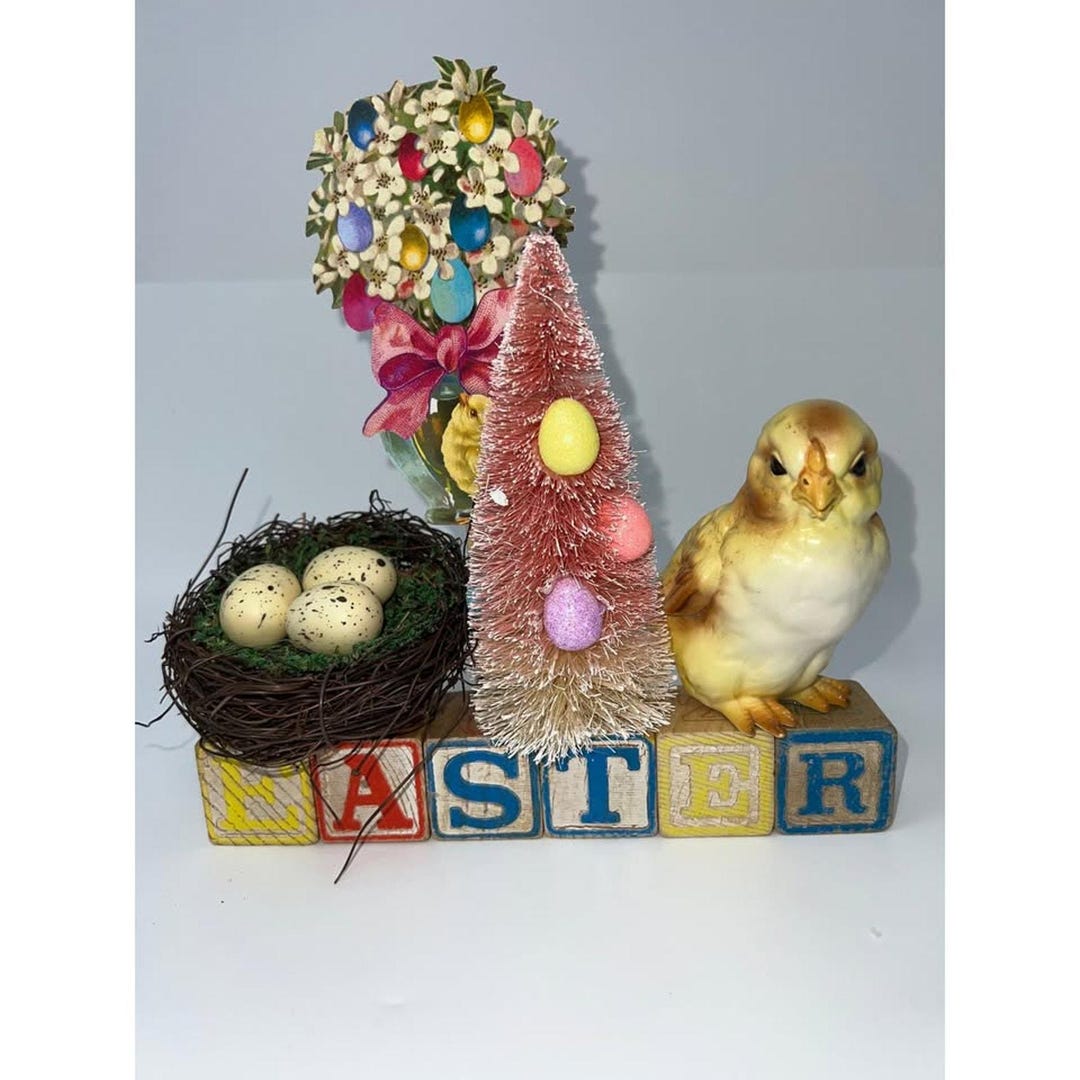 Vintage Easter Wood Blocks Assemblage W/ Lefton Chick Chicken, Nest ...