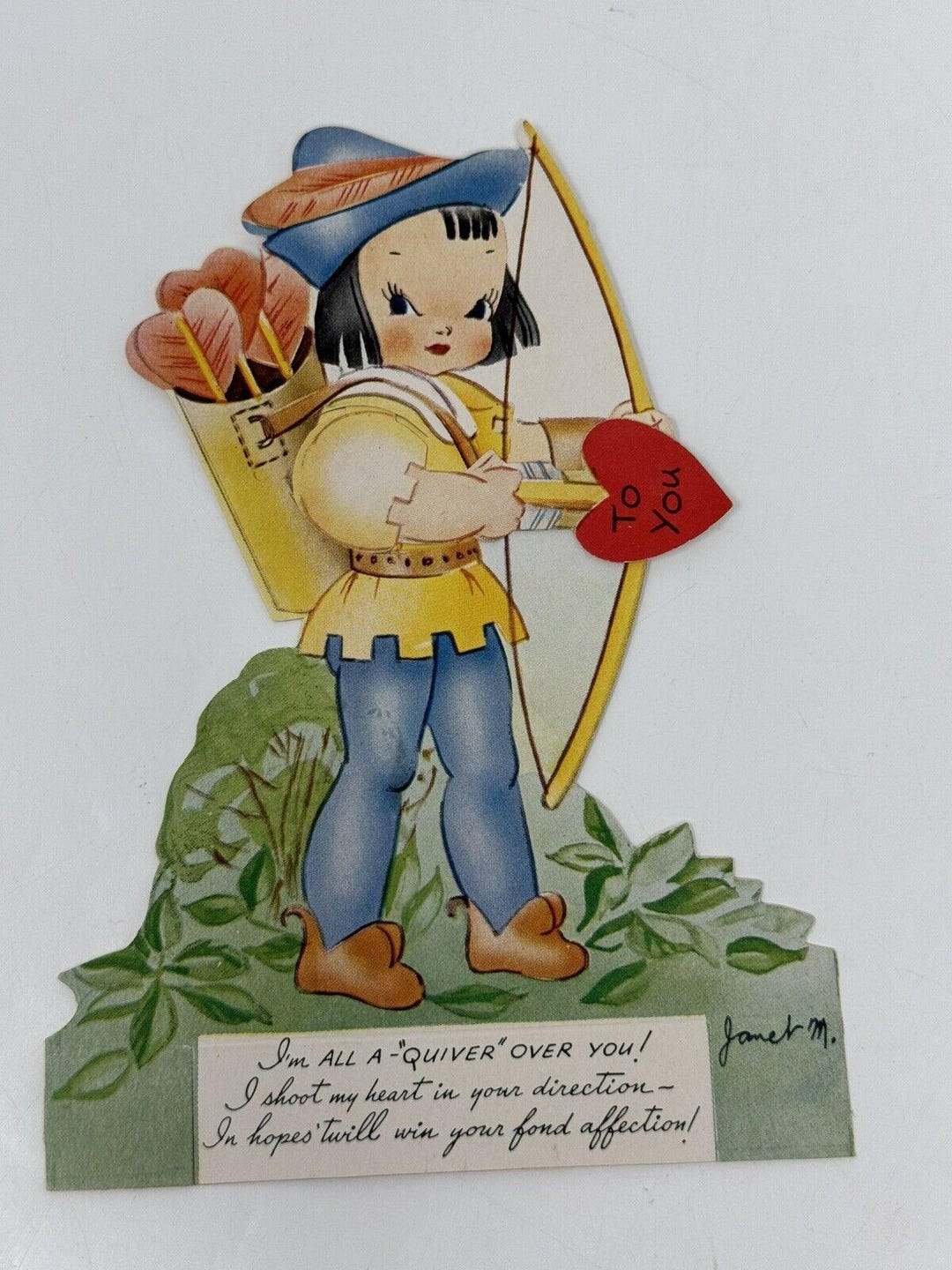 Vtg 30s Mechanical Robin Hood Arrow Shooting Heart Valentines Day Card ...
