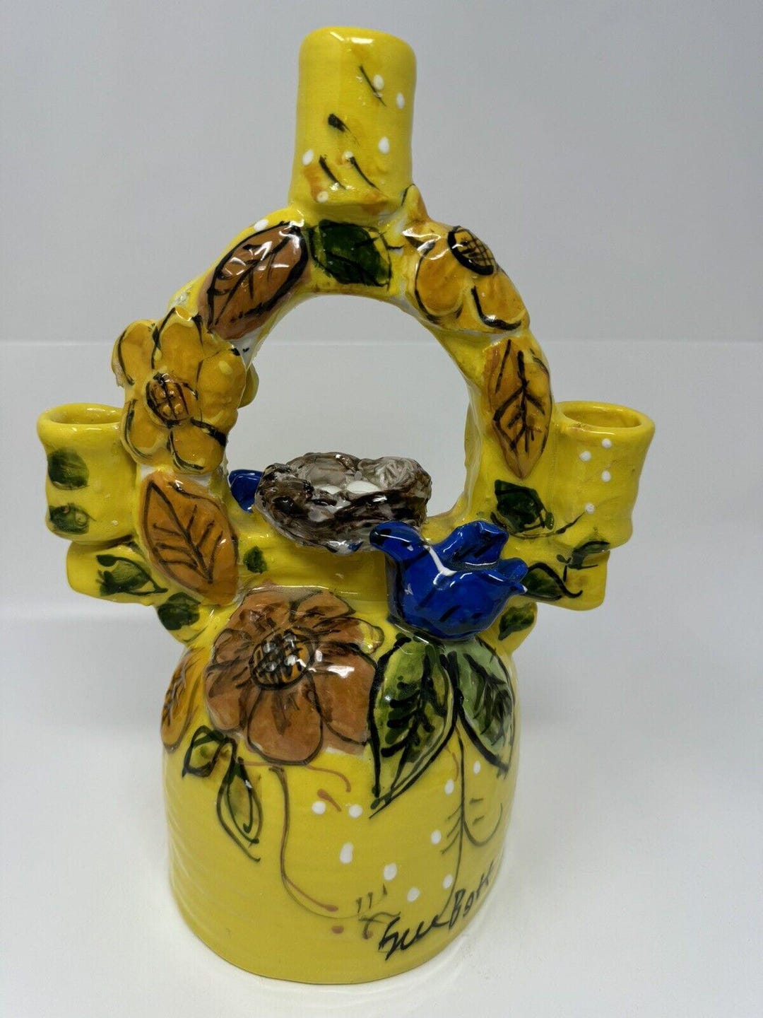 Sue Bolt Signed Art Pottery Candelabra Blue Bird Nest Floral Yellow Whimsical - Etsy