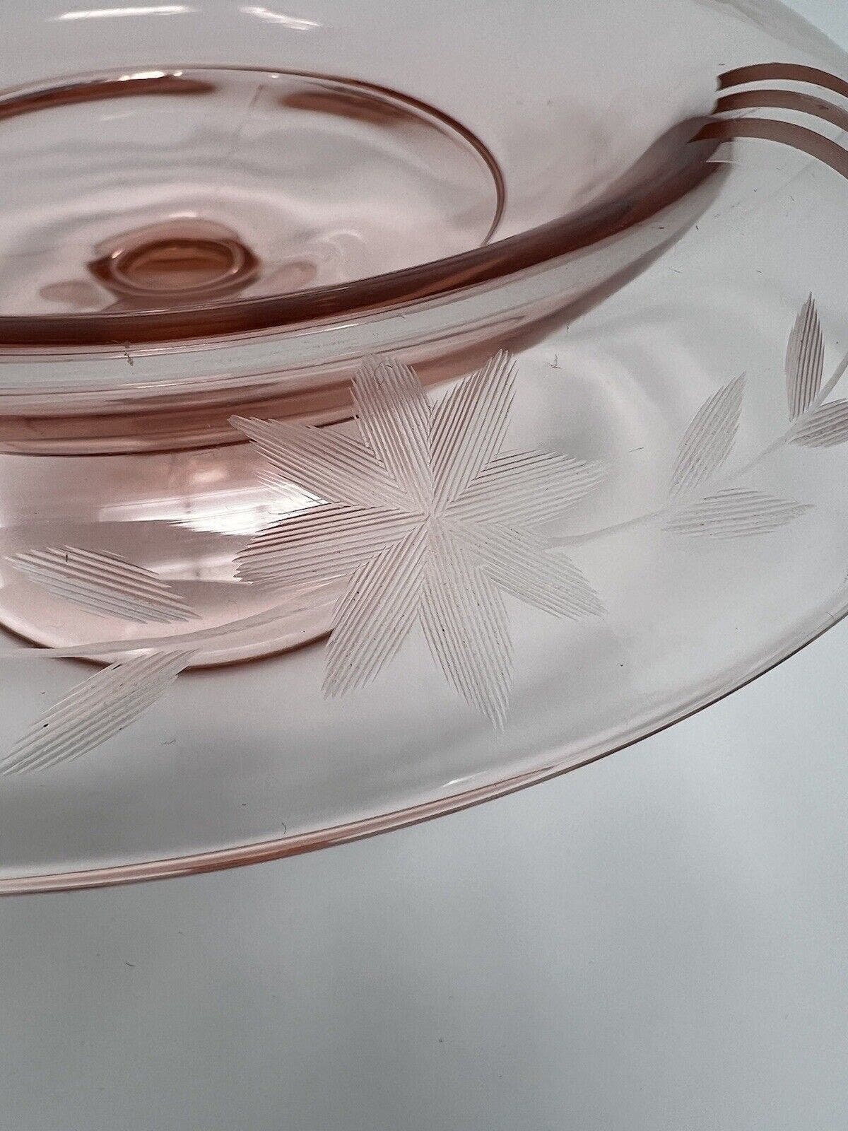 1930s Pink Depression Glass Rolled Edge 9 1/4 D Pedestal Console Etched ...