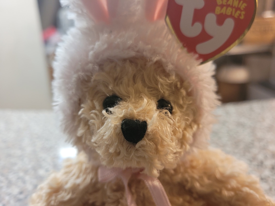 Ty Beanie Babies SKIPS Tan Curly Bear in Bunny Outfit including Bunny ...