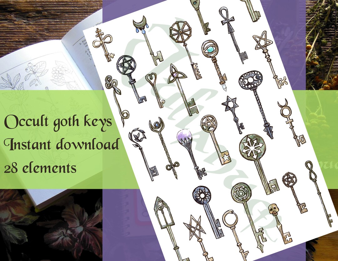 Printable Occult Symbols Keys Stickers, Skeleton Keys Clipart, Goth ...