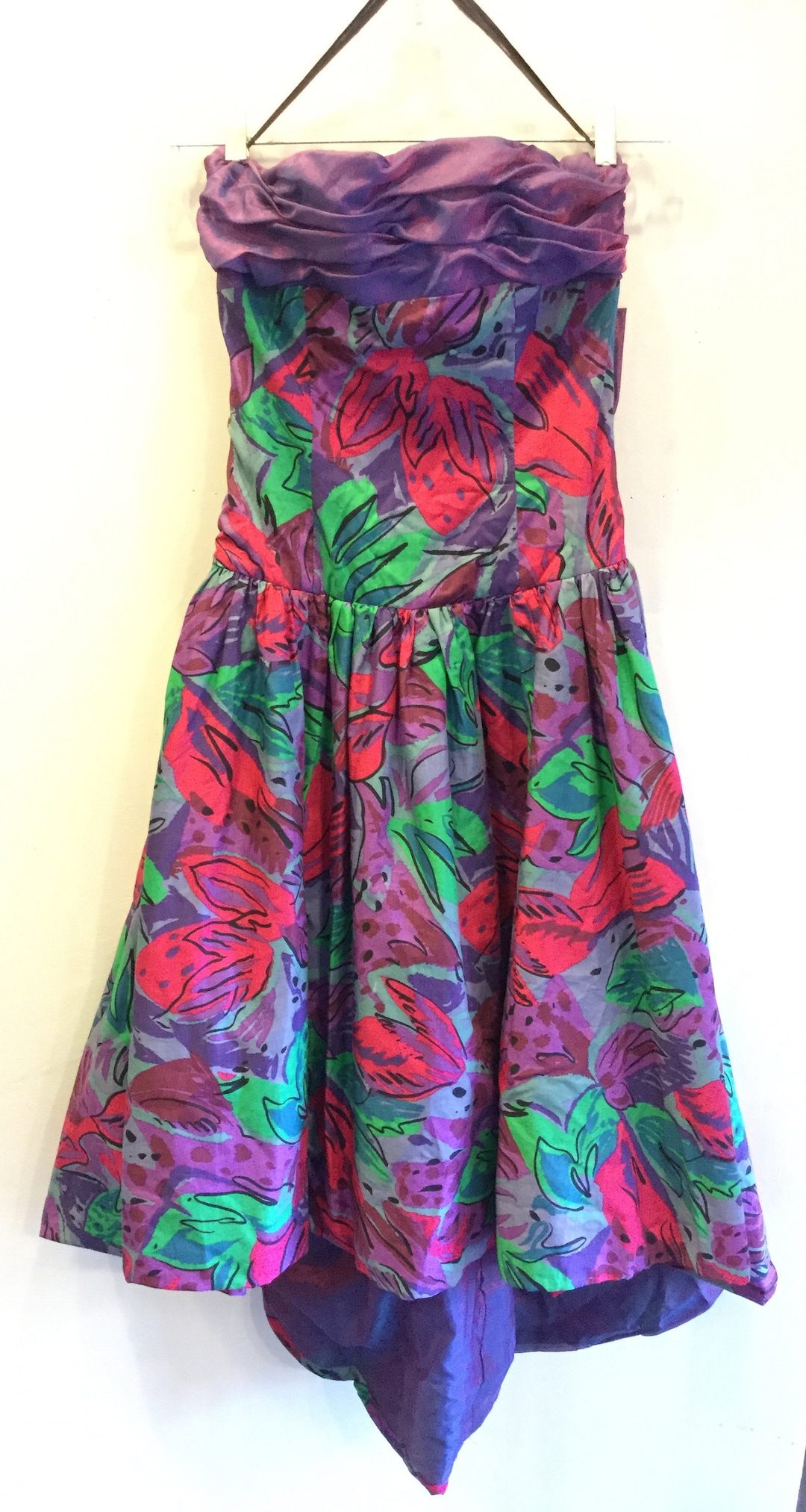 80s Tropical Prom Dress: Purple Pink Green Floral, High-low, Strapless ...