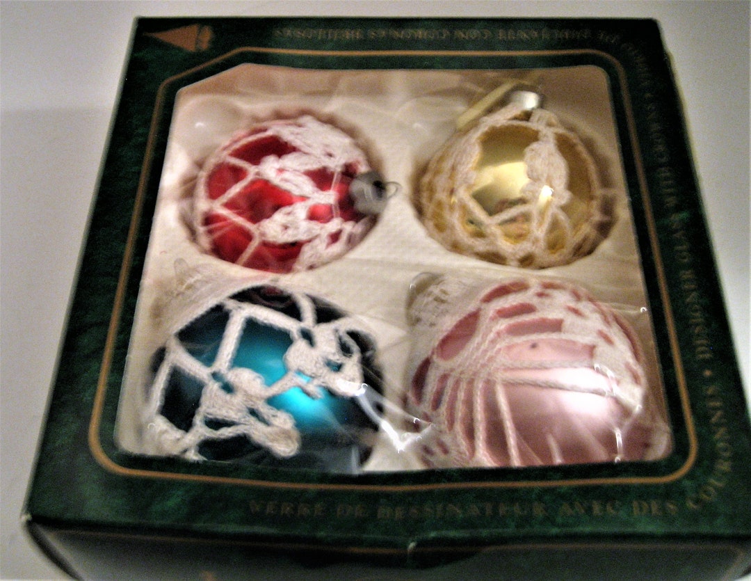 Set of 4 Lace Covered Ornament Balls, Pink, Red, Turquoise, Gold Balls ...