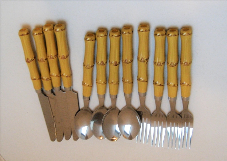 Bamboo Stainless Steel Silverware Bamboo Style Handled 12 Piece Set 4 ...