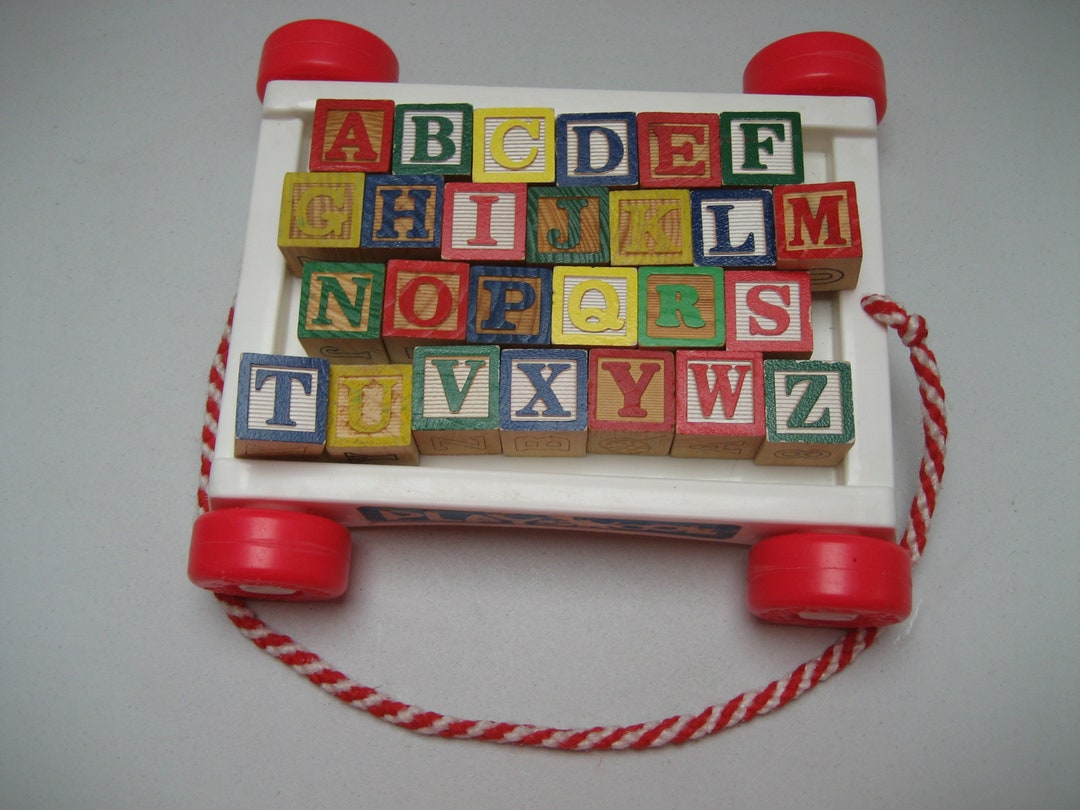 Vintage Alphabet Blocks in Pull Wagon Wide Red Striped String Colorful ...