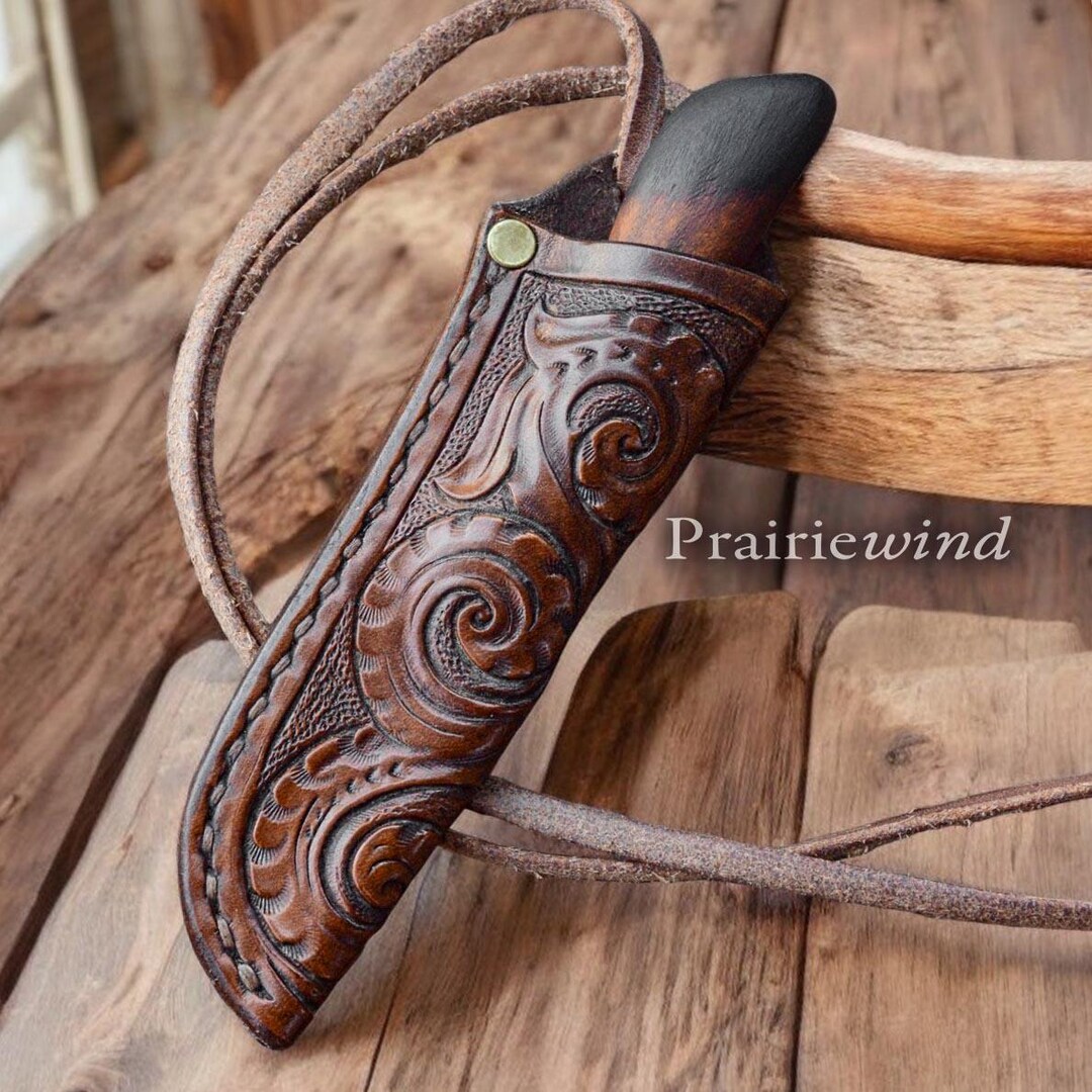 Bushcraft Primitive Neck Knife – Hand-tooled Leather Sheath, Cowboy ...