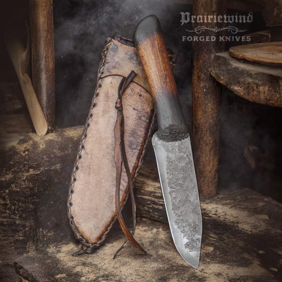 Primitive Handmade Knife and Mountain Man Knife Sheath, Forged Knife ...