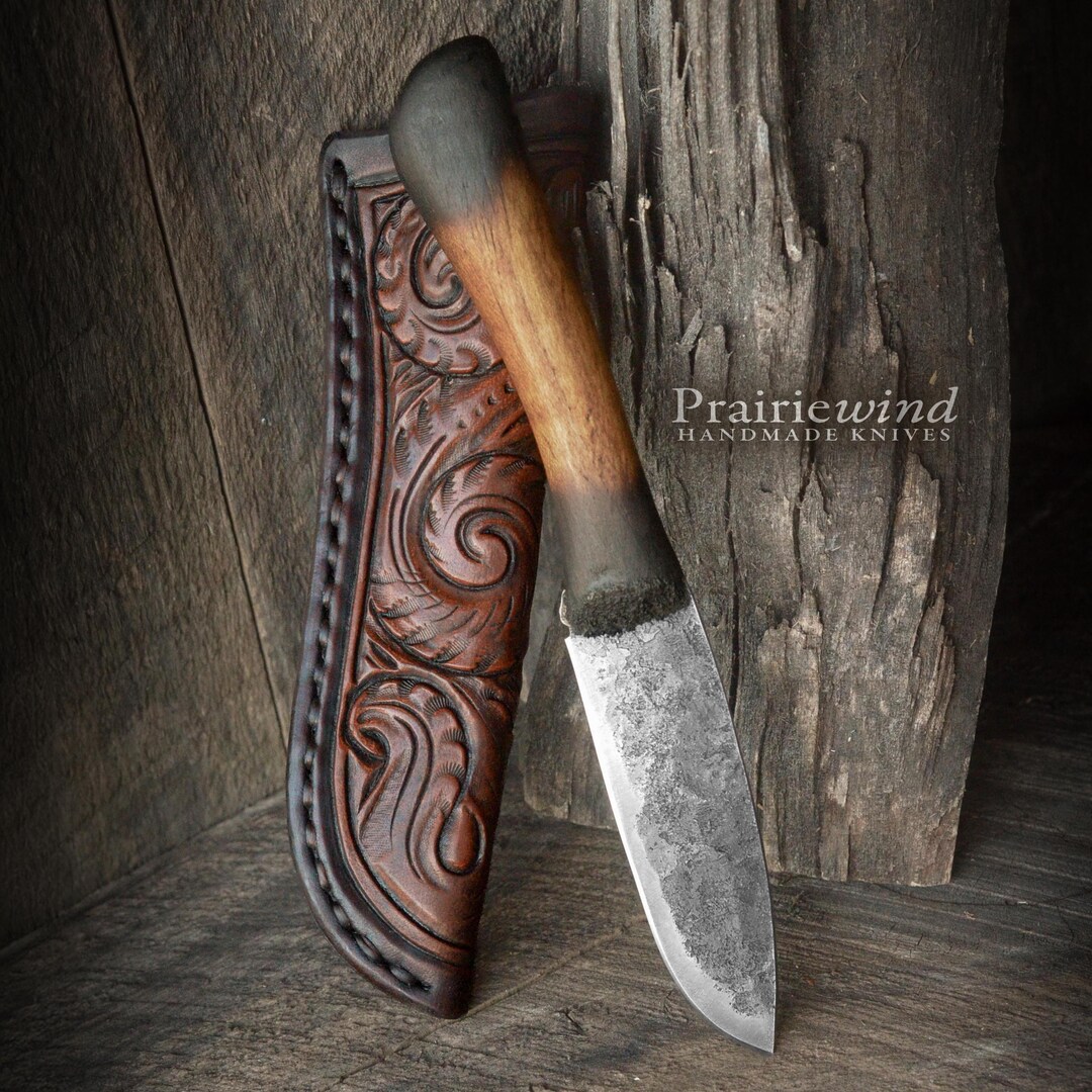 Primitive Bushcraft Knife Hand-forged With Custom Tooled Leather Sheath ...