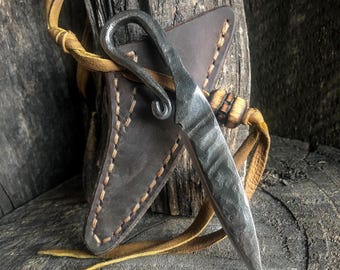 Bushcraft Primitive Neck Knife – Rustic Antiqued Leather Sheath, Cowboy ...