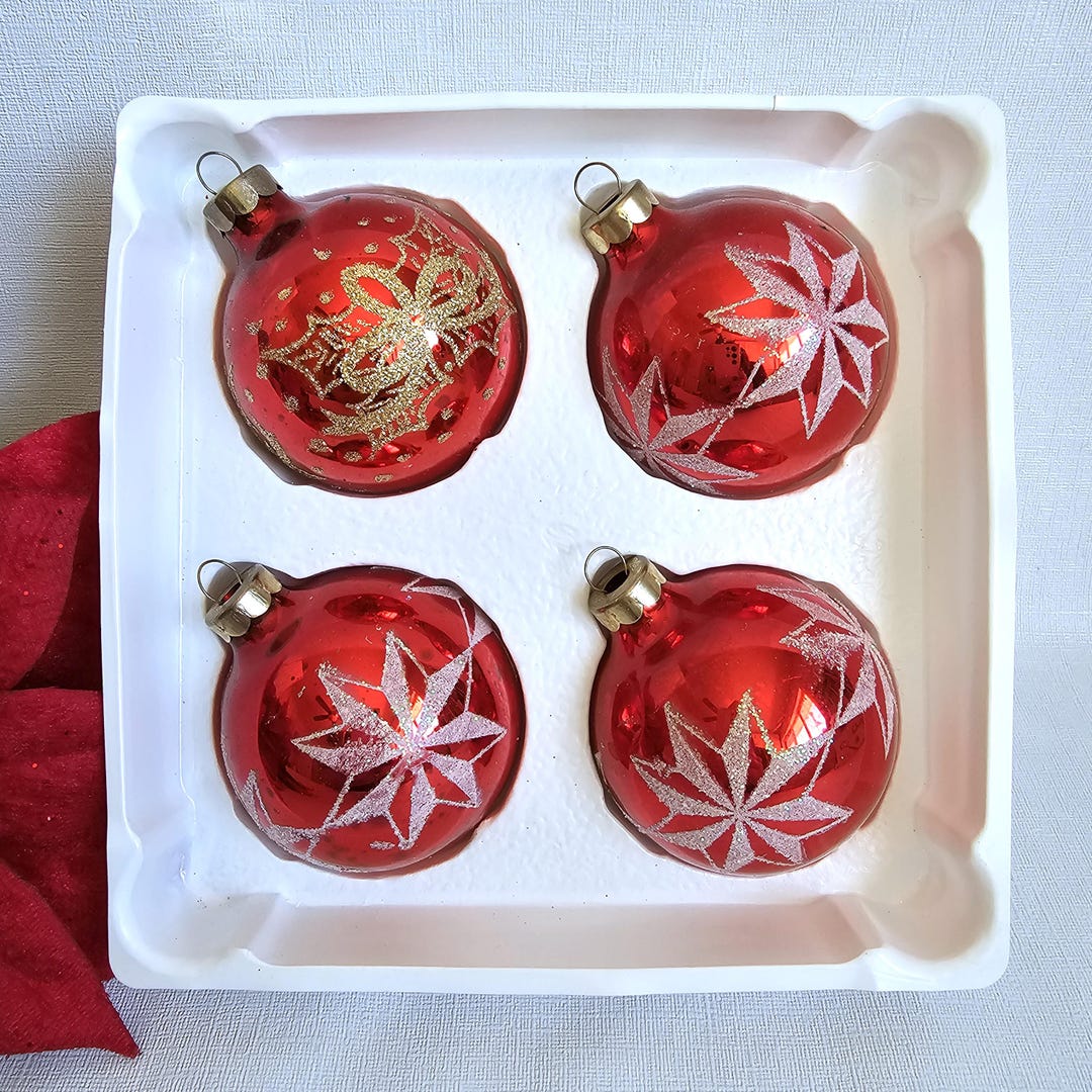 Red Ornaments, Vintage Boxed Set of 4 Pyramid Round Blown Glass ...