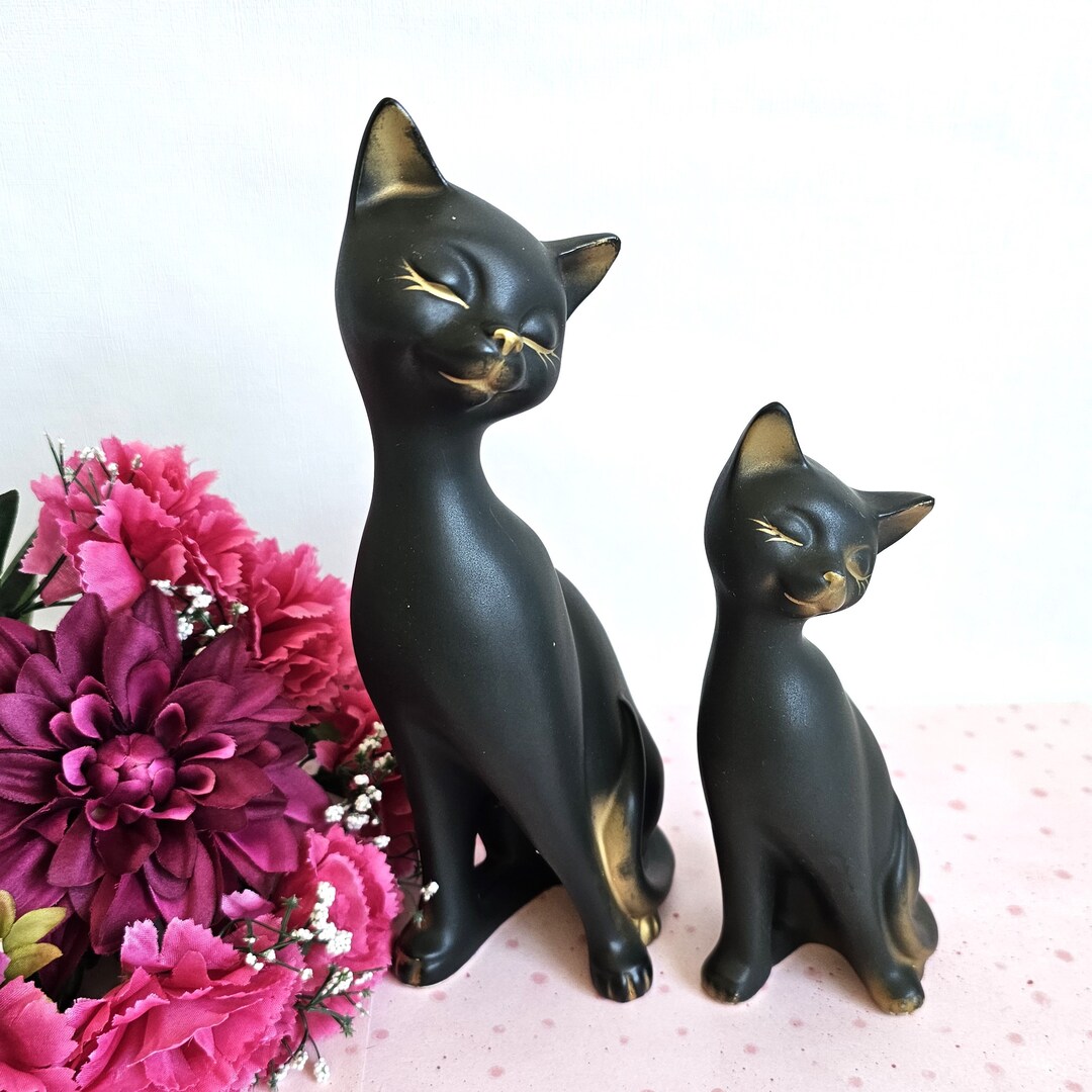 Vintage Pair of Long Neck Japanese Matte Black and Gold Cat Figurines ...