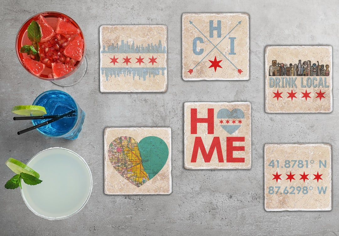 Chicago Coaster Set - Mix & Match - Chicago Flag, Skyline, Drink Local ...
