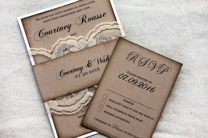 Rustic Wedding Invitations With Lace Wrap - Etsy