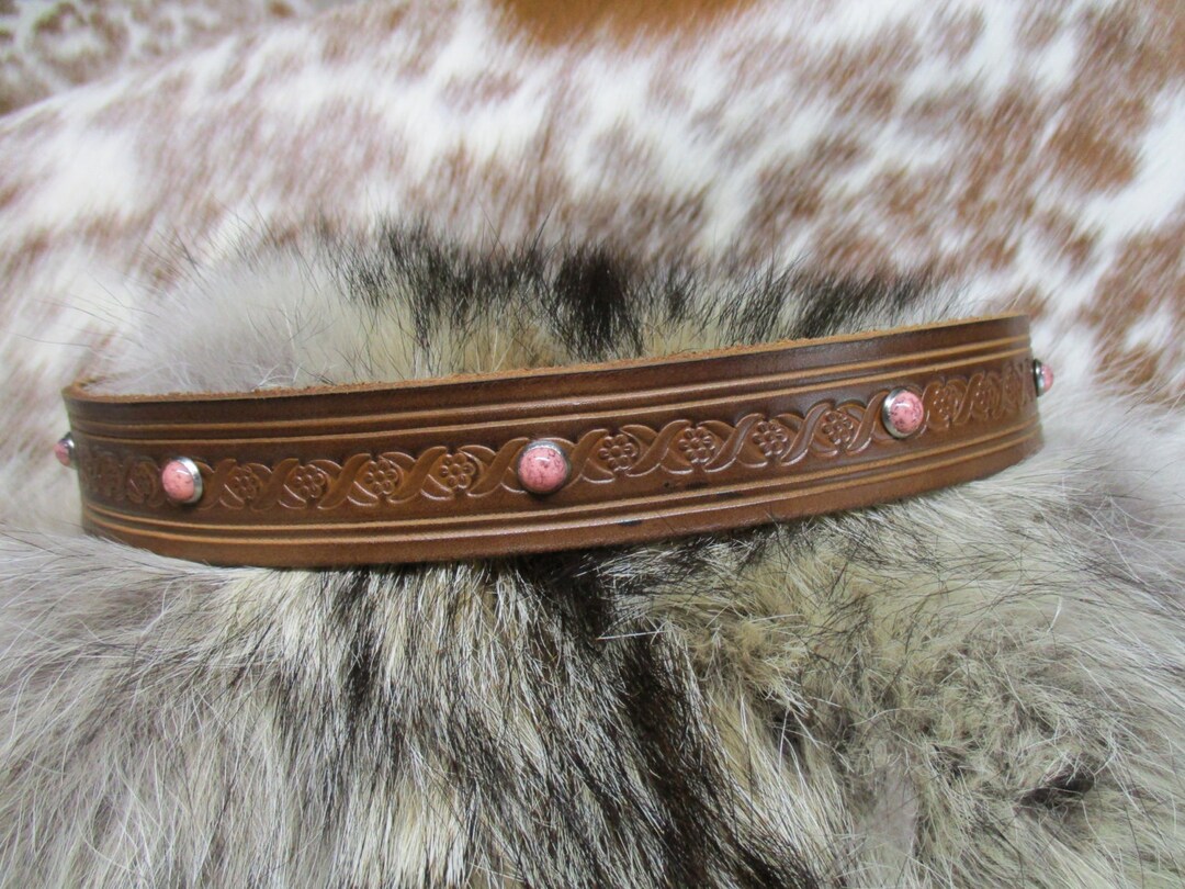 Tooled Leather Hat Band With Synthetic Coral Spots. - Etsy