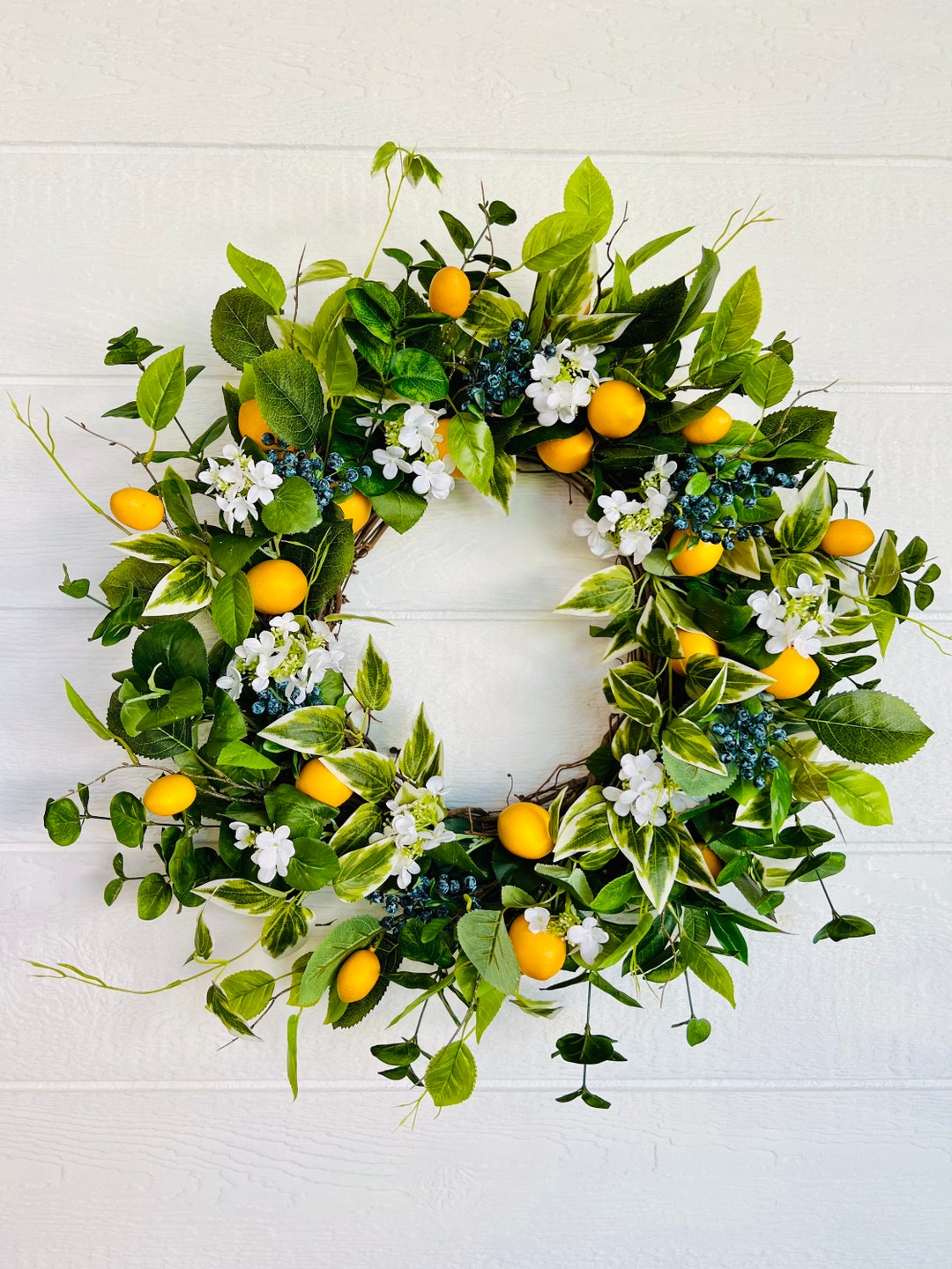 Lemon and Blueberry Wreath for Front Door, Spring Fruit Wreath, Yellow ...