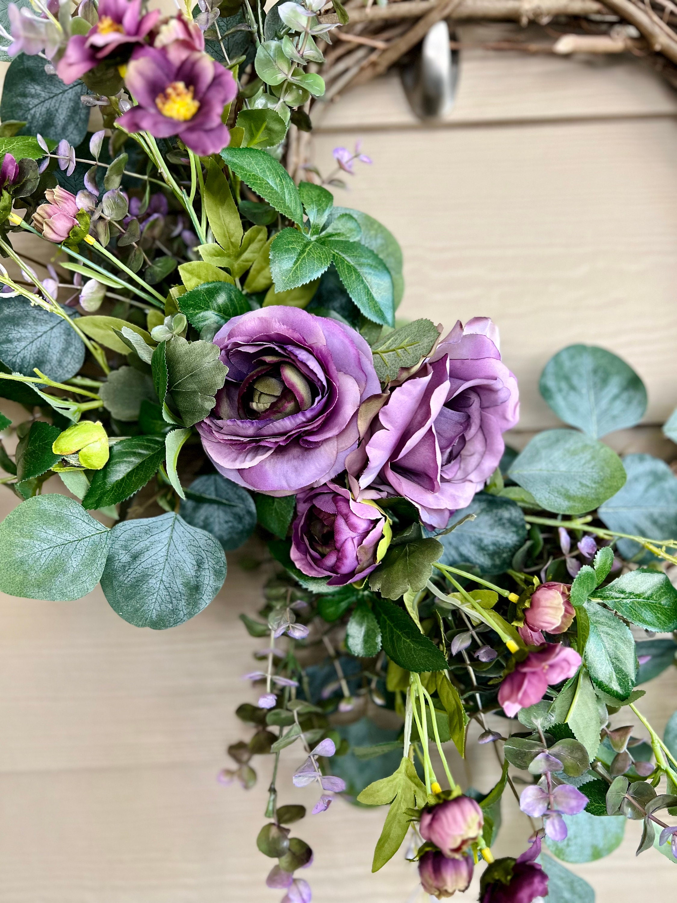 Purple Rose Wreath, Lavender Ranunculus and Eucalyptus Wreath for Front ...