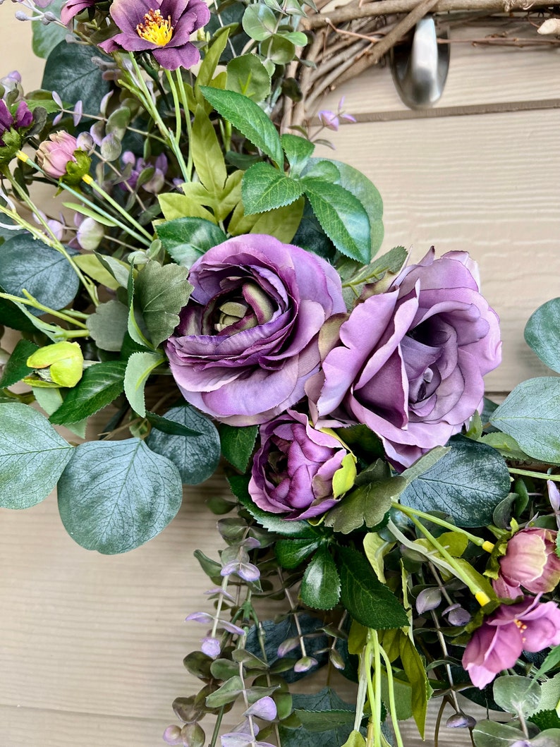 Purple Rose Wreath, Lavender Ranunculus and Eucalyptus Wreath for Front ...