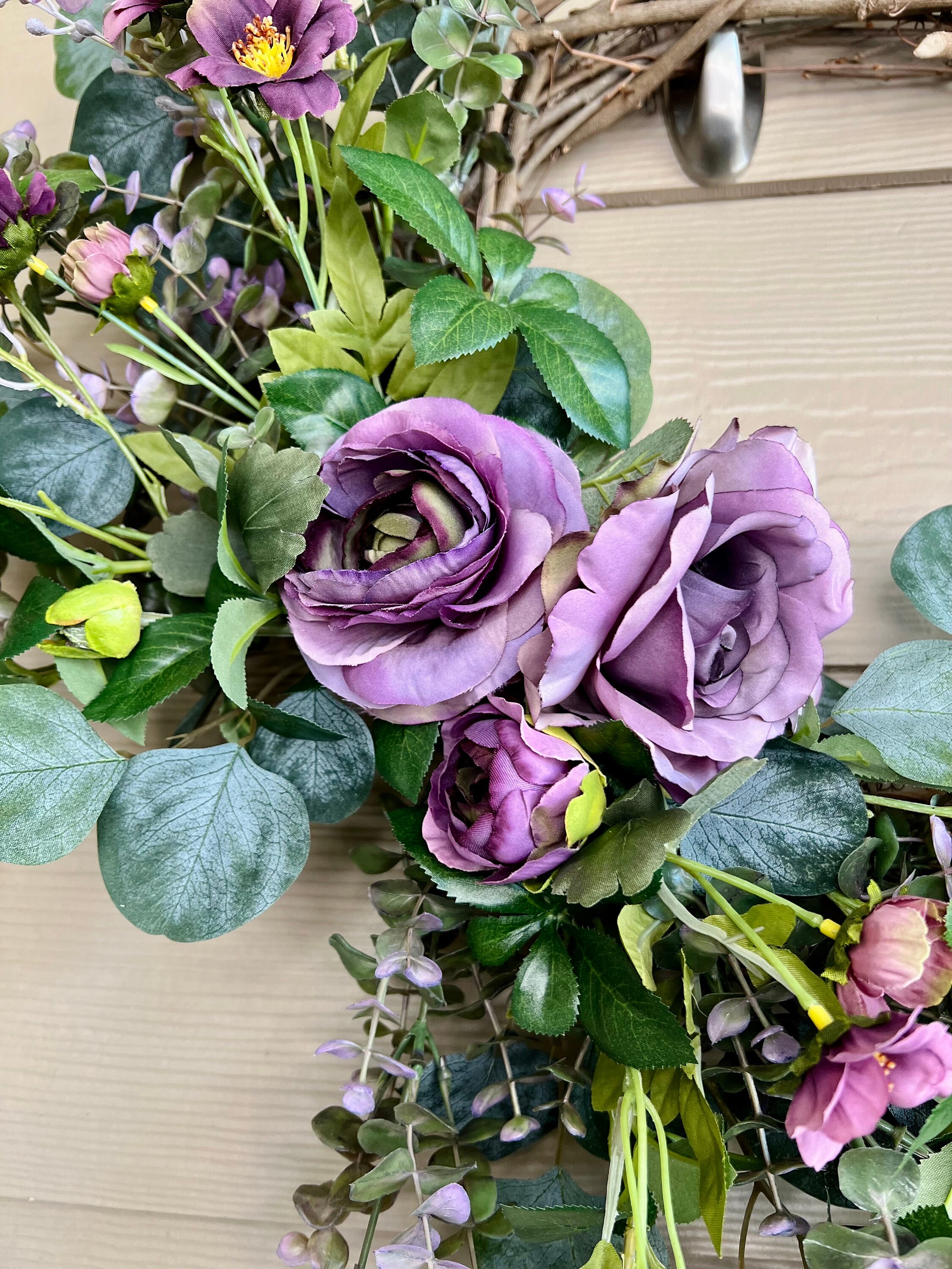 Purple Rose Wreath, Lavender Ranunculus and Eucalyptus Wreath for Front ...