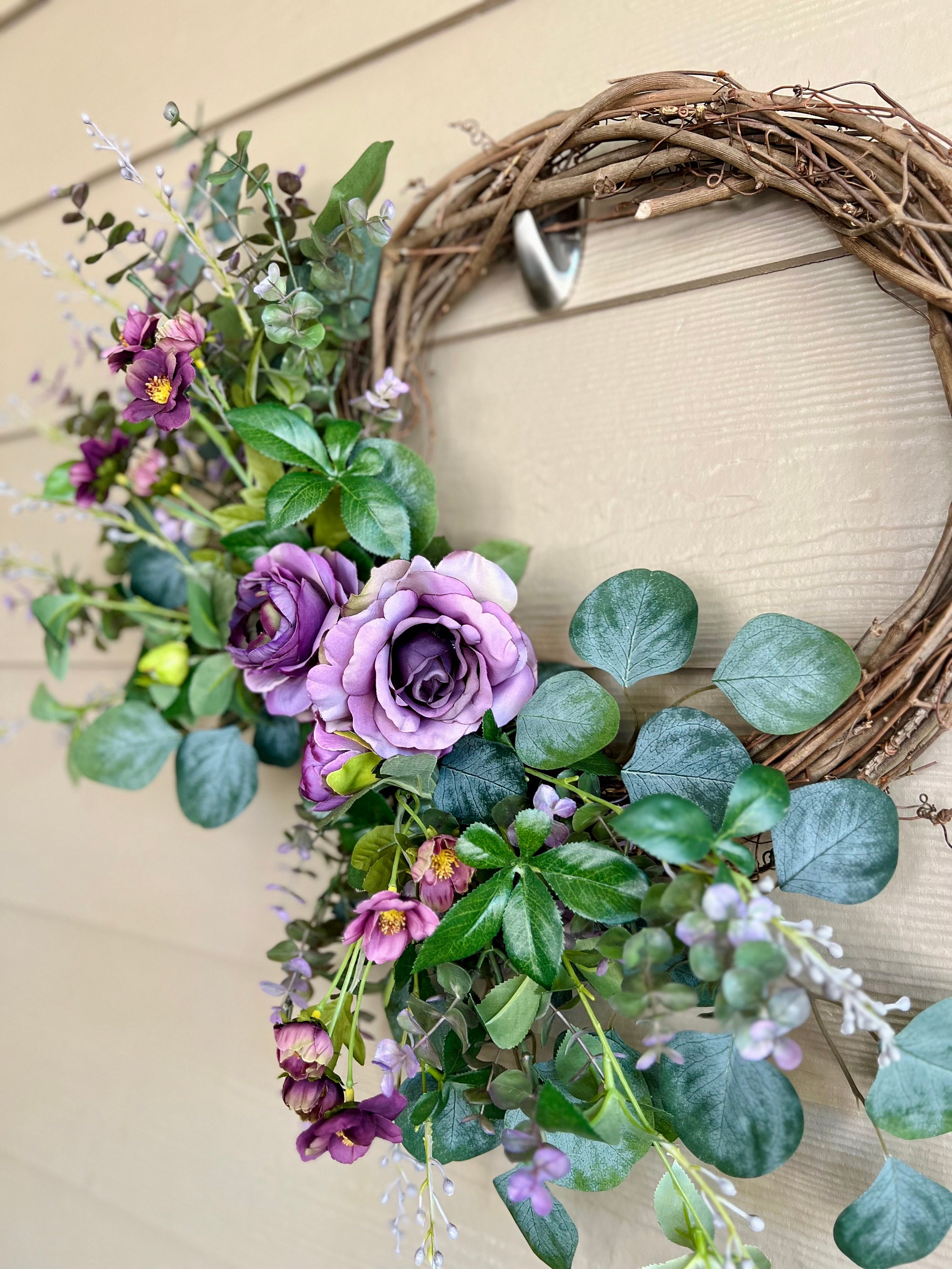 Purple Rose Wreath, Lavender Ranunculus and Eucalyptus Wreath for Front ...