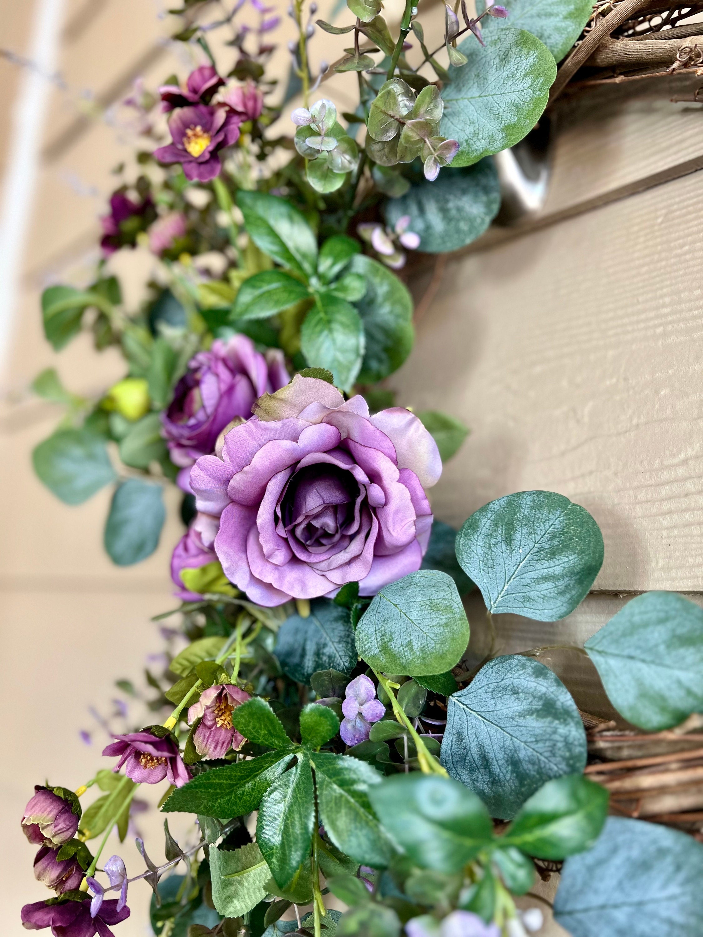 Purple Rose Wreath, Lavender Ranunculus and Eucalyptus Wreath for Front ...