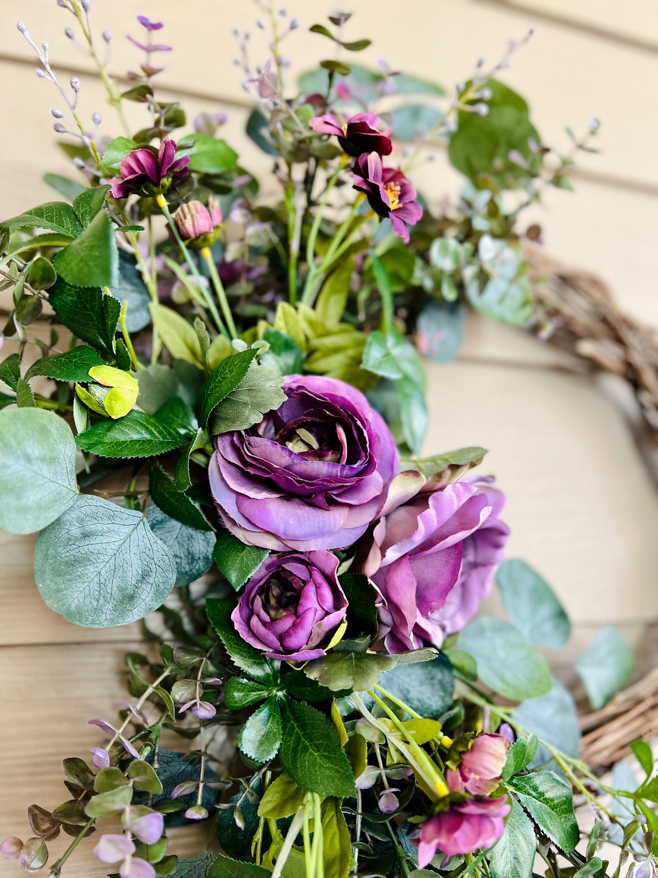 Purple Rose Wreath, Lavender Ranunculus and Eucalyptus Wreath for Front ...