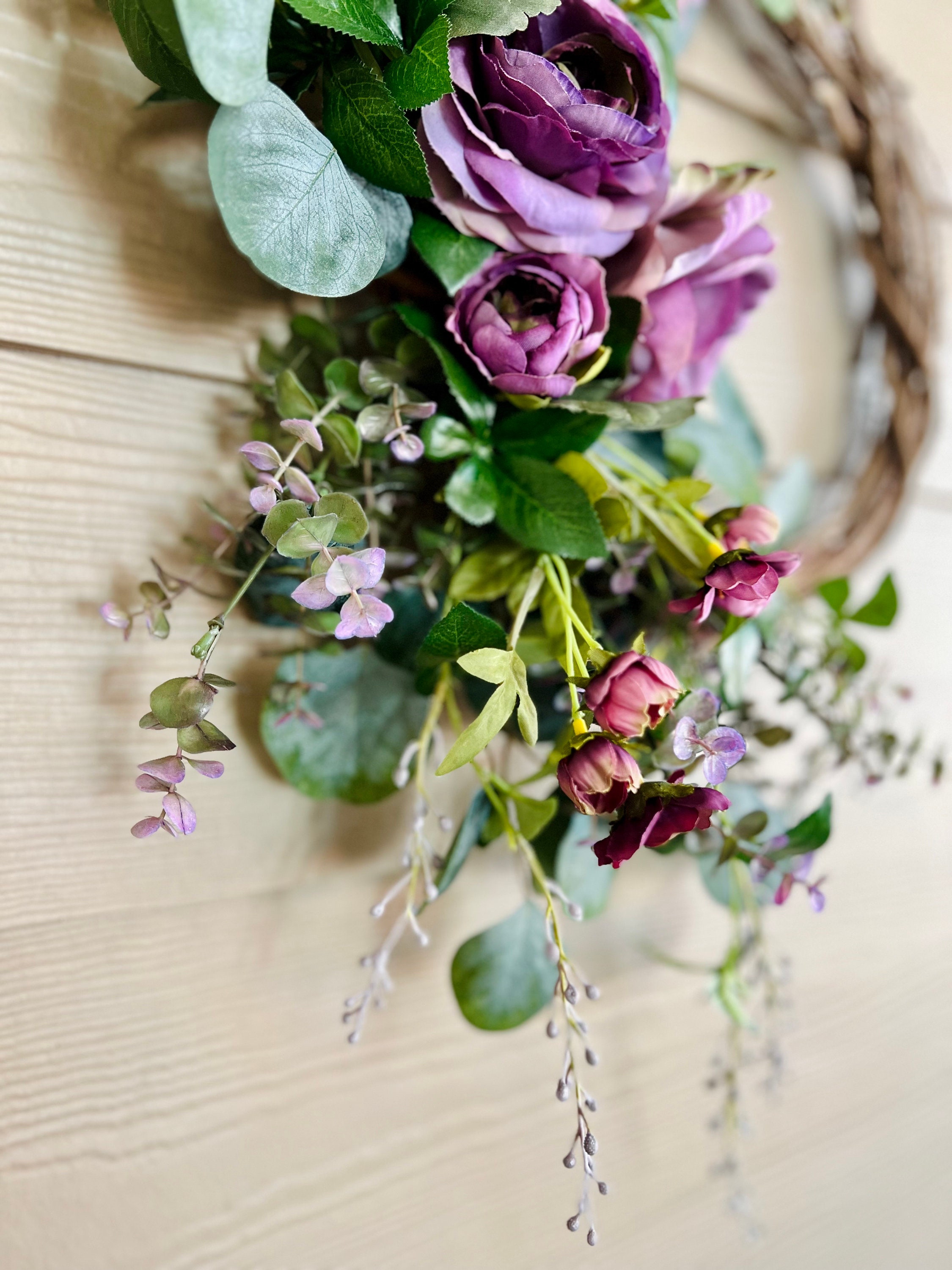 Purple Rose Wreath, Lavender Ranunculus and Eucalyptus Wreath for Front ...