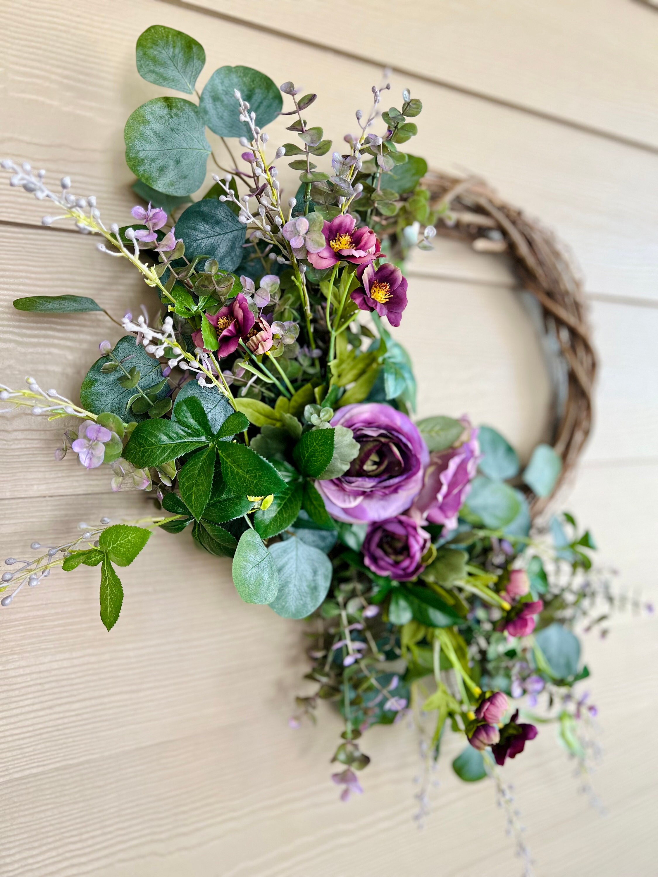 Purple Rose Wreath, Lavender Ranunculus and Eucalyptus Wreath for Front ...
