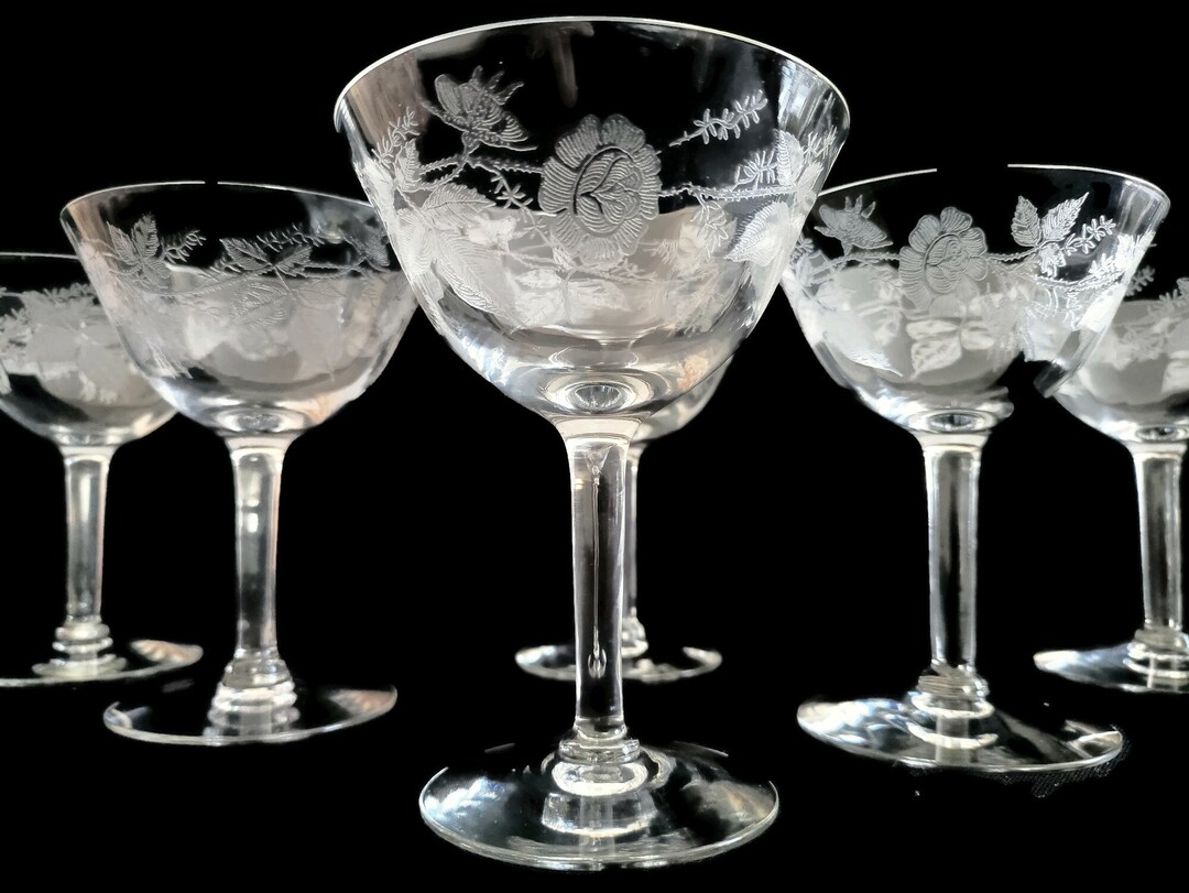 Seneca Glass Set of 6 Optical Rose Etch 609 Stem 8000 Champagnes Coupes ...
