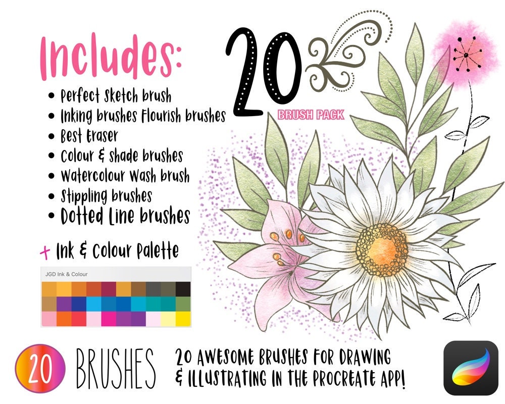 Procreate Brushes Set of 20 Illustration Brush Pack Plus Ink | Etsy